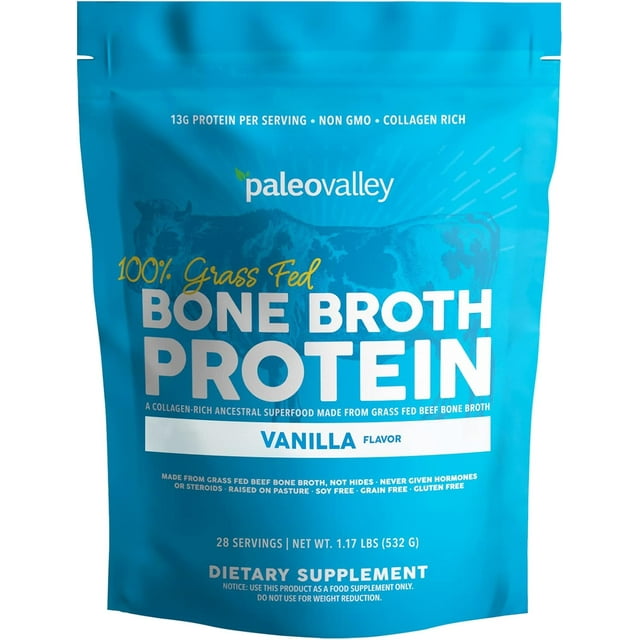 100% Grass Fed Bone Broth Protein Powder - Vanilla - Rich in Collagen ...
