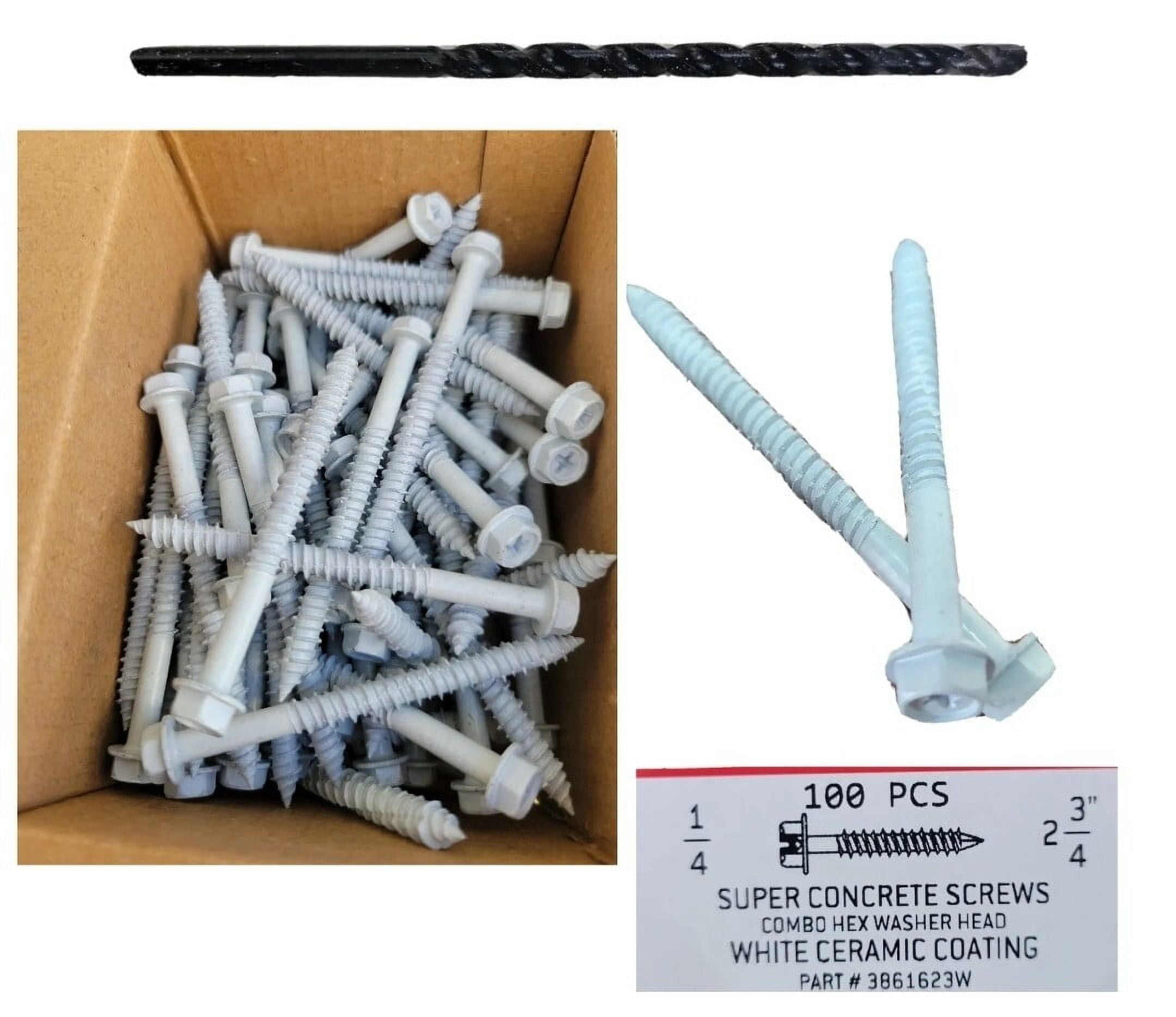 100 HEX Head 1/4 x 2- 3/4 Concrete Masonry screw Anchor White Tapcon + Drill Bit - Walmart.com