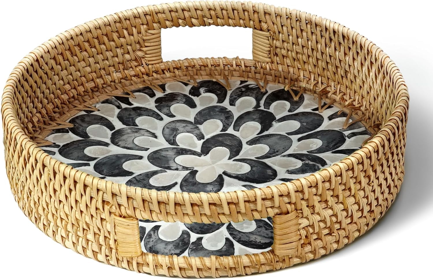 100% Handmade Round Rattan Tray with Built-In Handles and Mother of ...