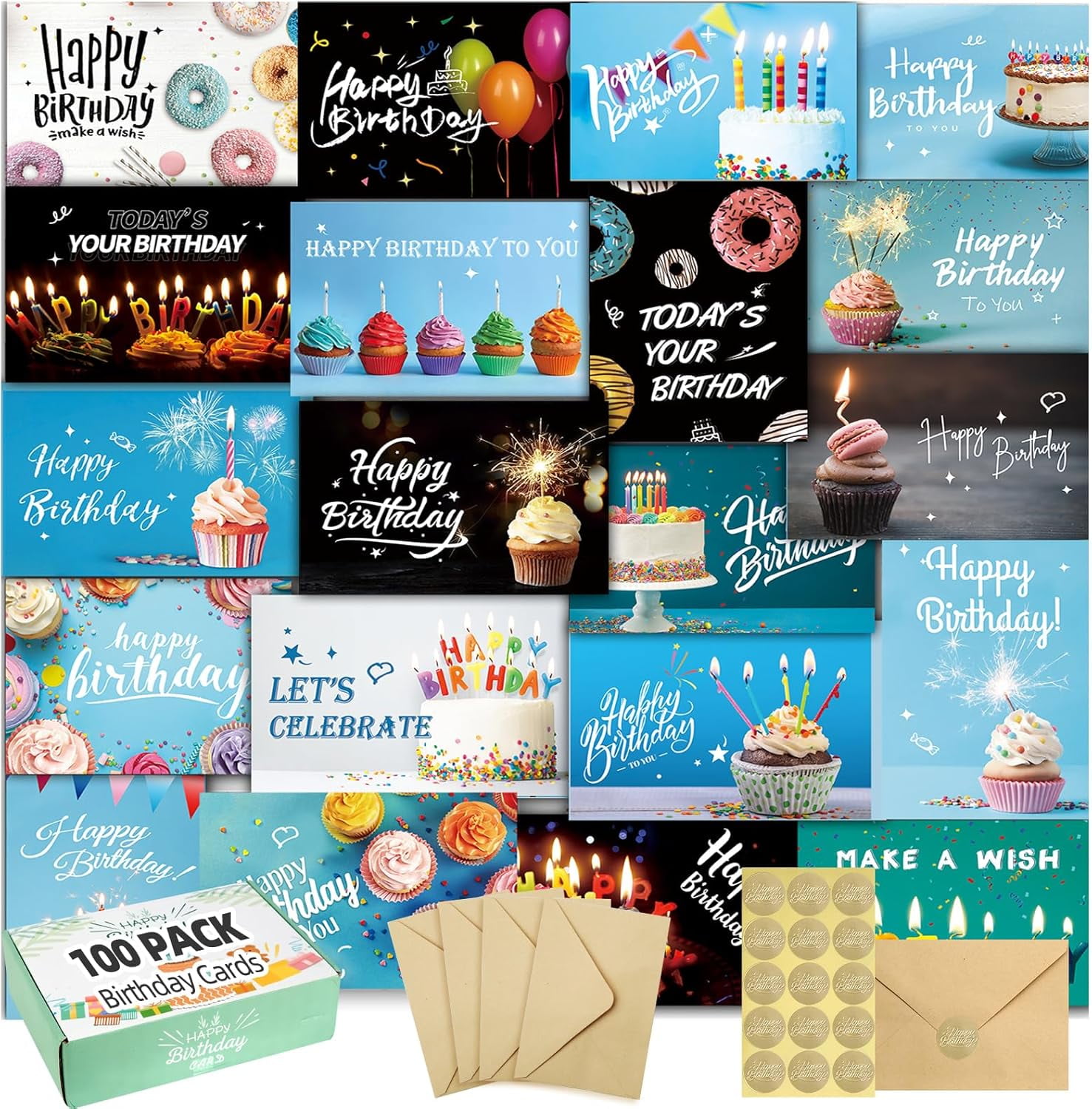 100 Happy Birthday Cards with Envelopes, 20 Unique Designs, Birthday ...