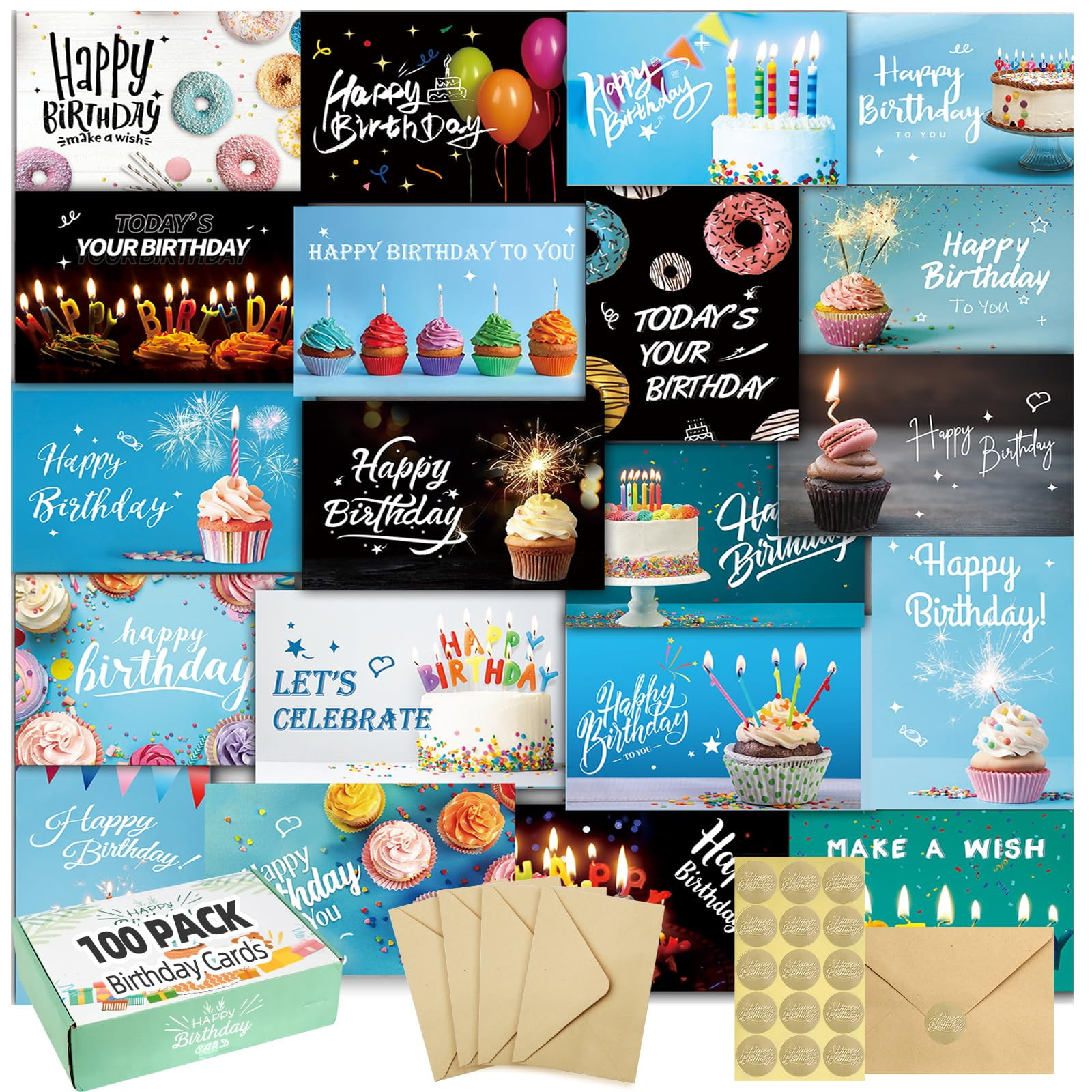 100 Happy Birthday Cards with Envelopes, SMR20 Unique Birthday Cards ...