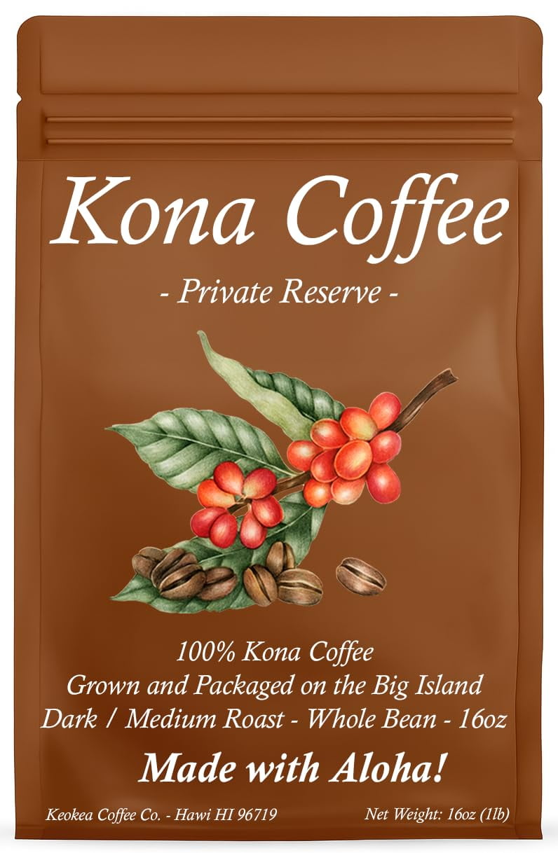 100% Hawaiian Kona Coffee - Whole Bean - Dark/Medium Roast - 1lb (16oz ...