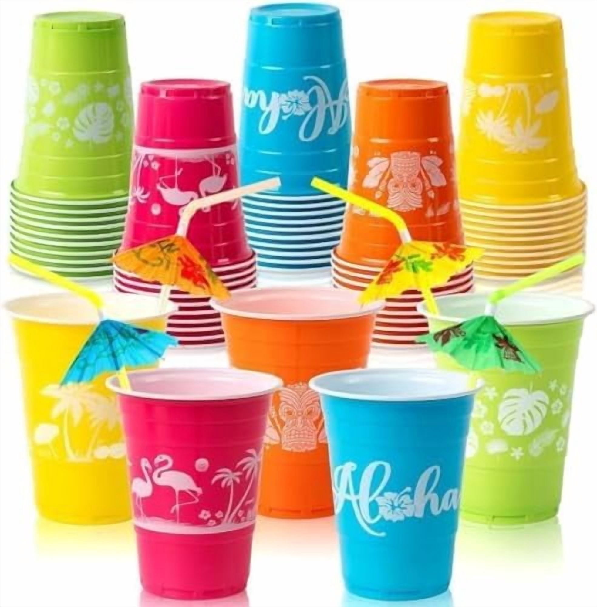 100 Hawaiian Luau Party Decorations Cups with Parasol Straws -16 Oz ...