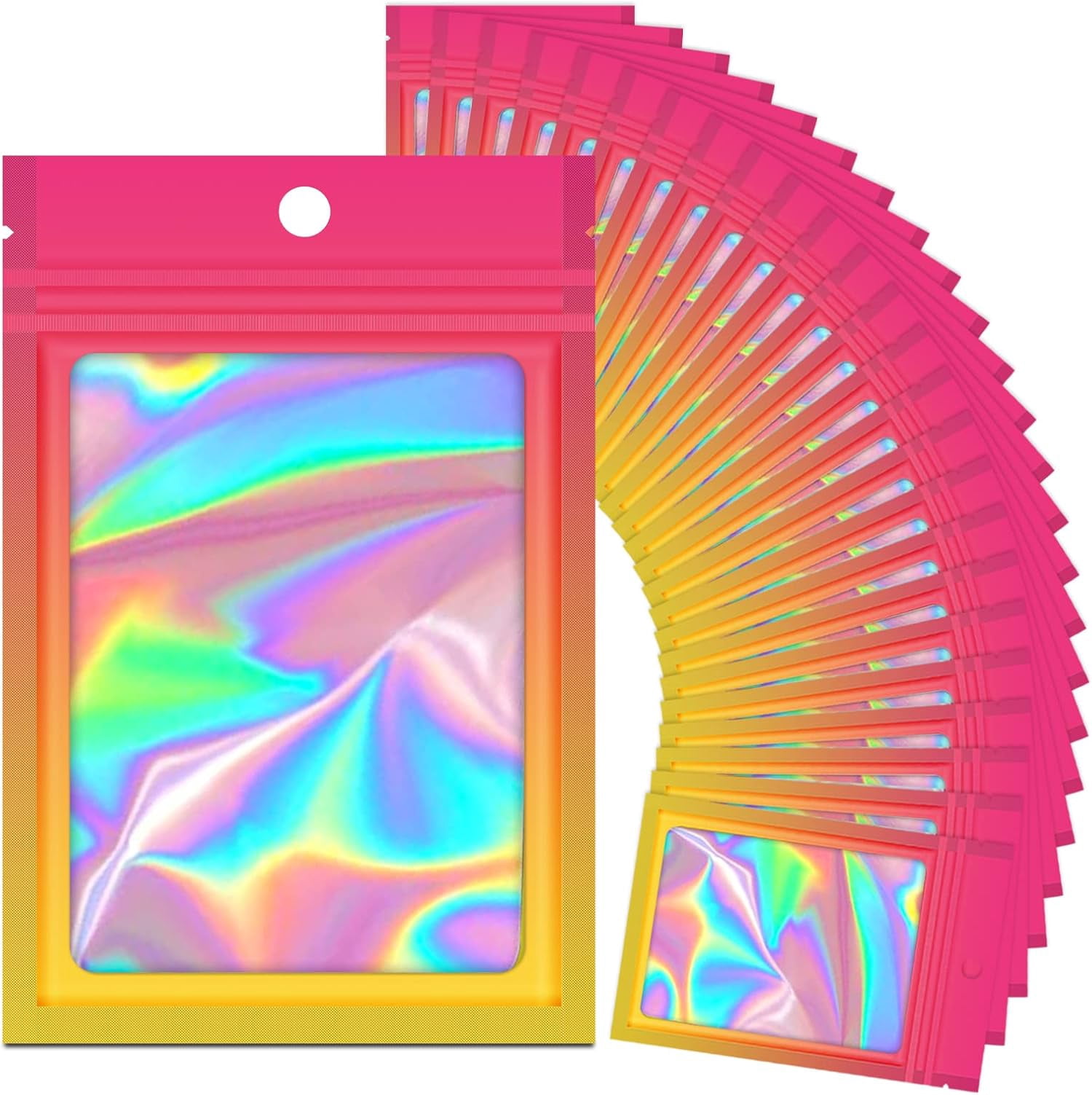 100 Holographic Gradient Mylar Bags with Clear Window, Resealable Zip ...