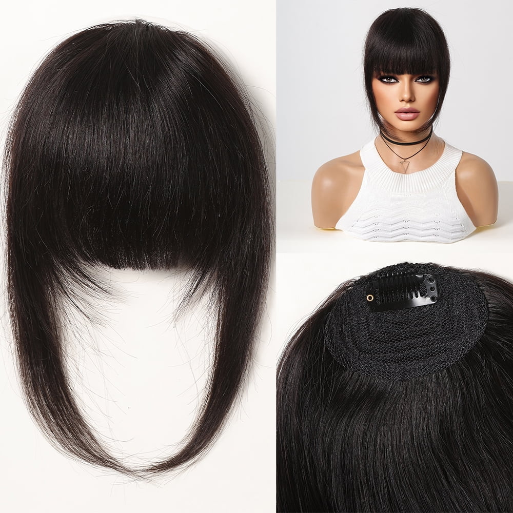 100% Human Hair Fringe Bangs Clips in Natural Black Human Hair 3D Air ...