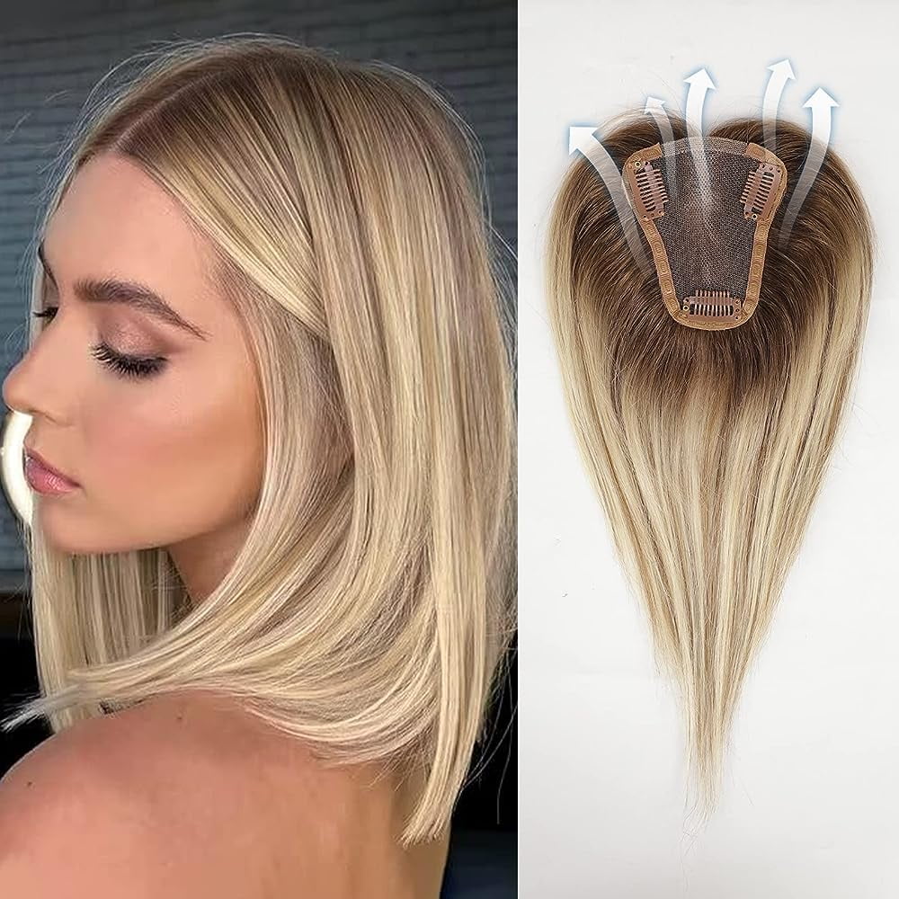 100% Human Hair Toppers Blonde Dark Root Human Hair Topper Clips in ...