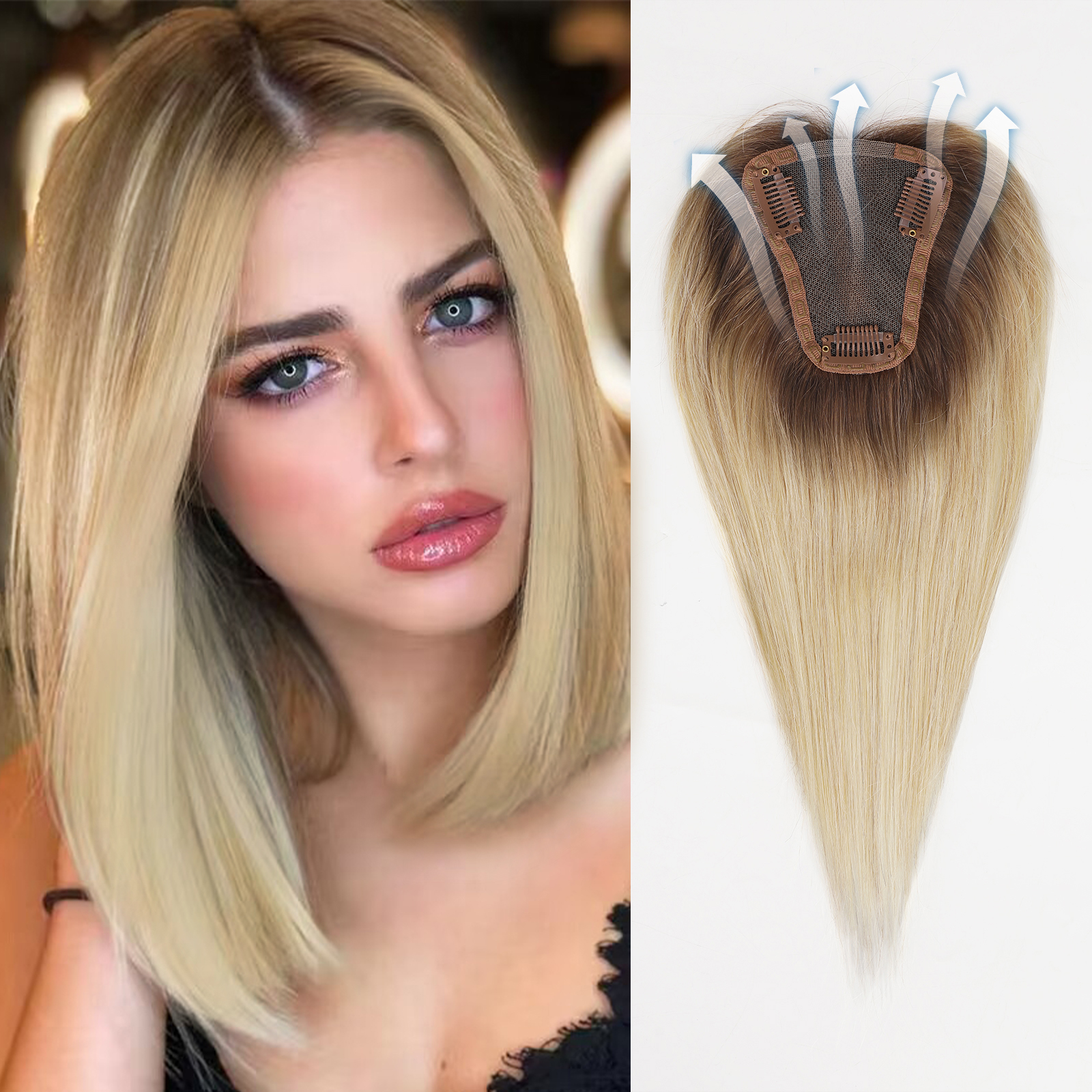 100% Human Hair Toppers Blonde Dark Root Human Hair Topper Clips in ...