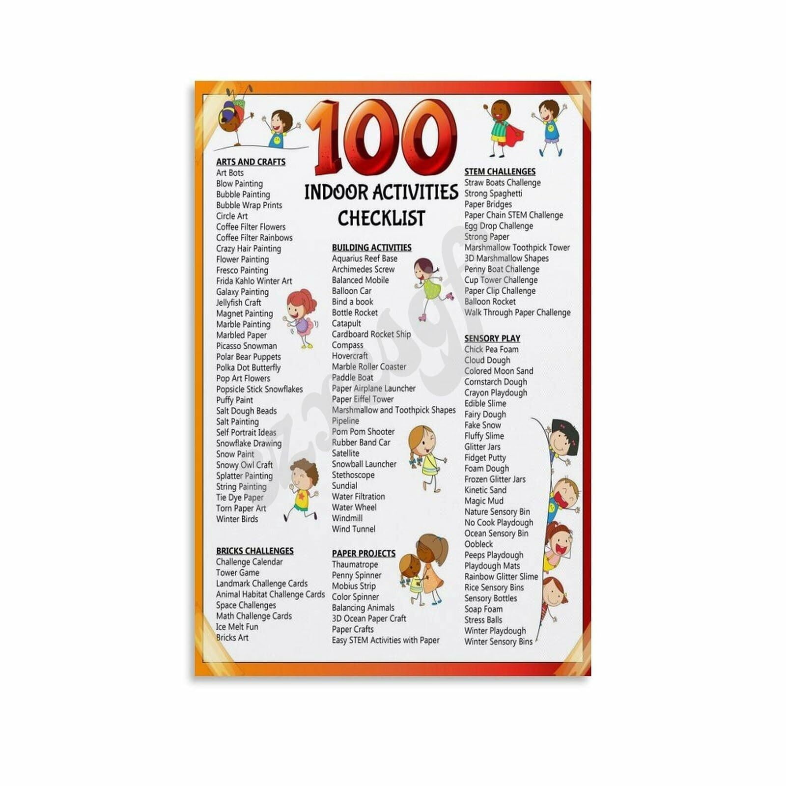 100 Indoor Activities Checklist for Kids Poster STEM Crafts Play Guide ...