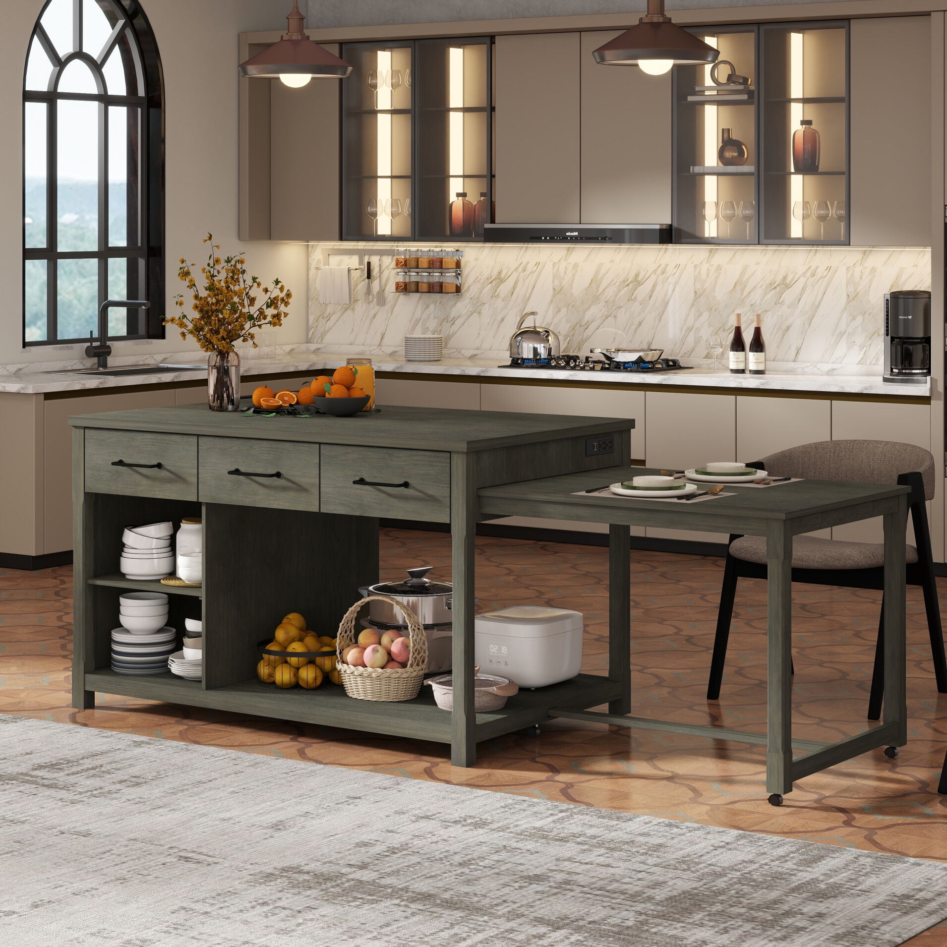 100" Kitchen Island with Extendable Dining Table for 6-8, Oversized ...