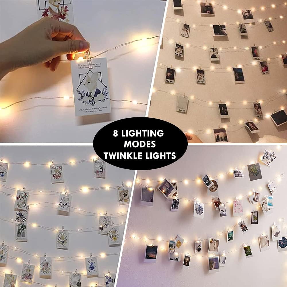 100 LED 50 Photo Clips String Lights Holder 33FT Starry Fairy Lights ...