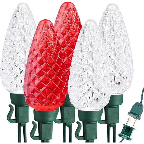 100 LED C9 Red & White Christmas Lights, 66FT Faceted Christmas Lights ...