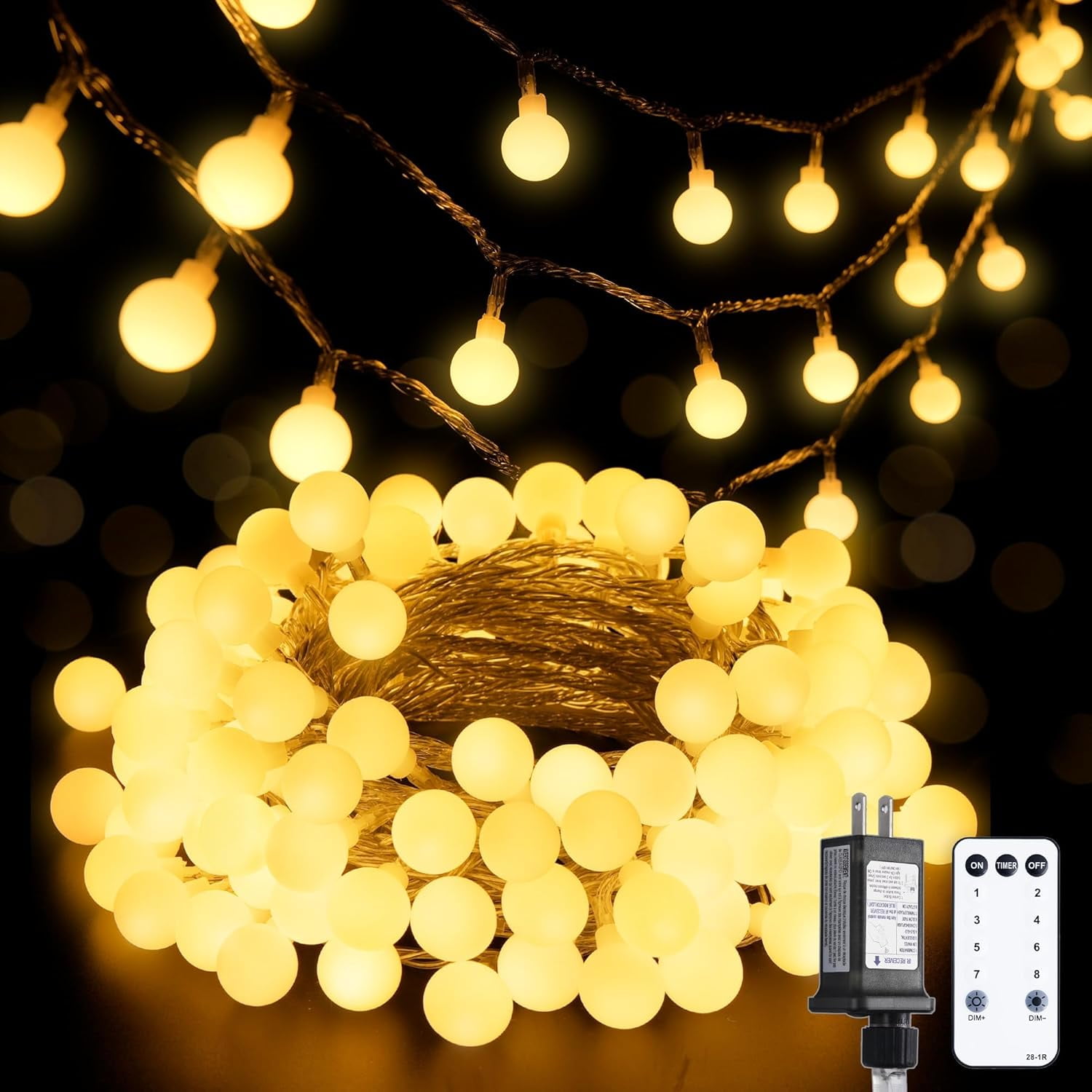 100 LED Connectable Globe String Lights Indoor Bedroom, 33ft Warm White ...