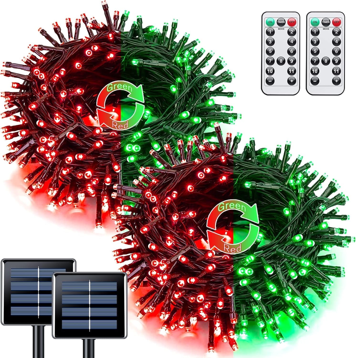 2 Pack Solar Christmas Lights - 2*100 LED Color Changing Red & Green ...