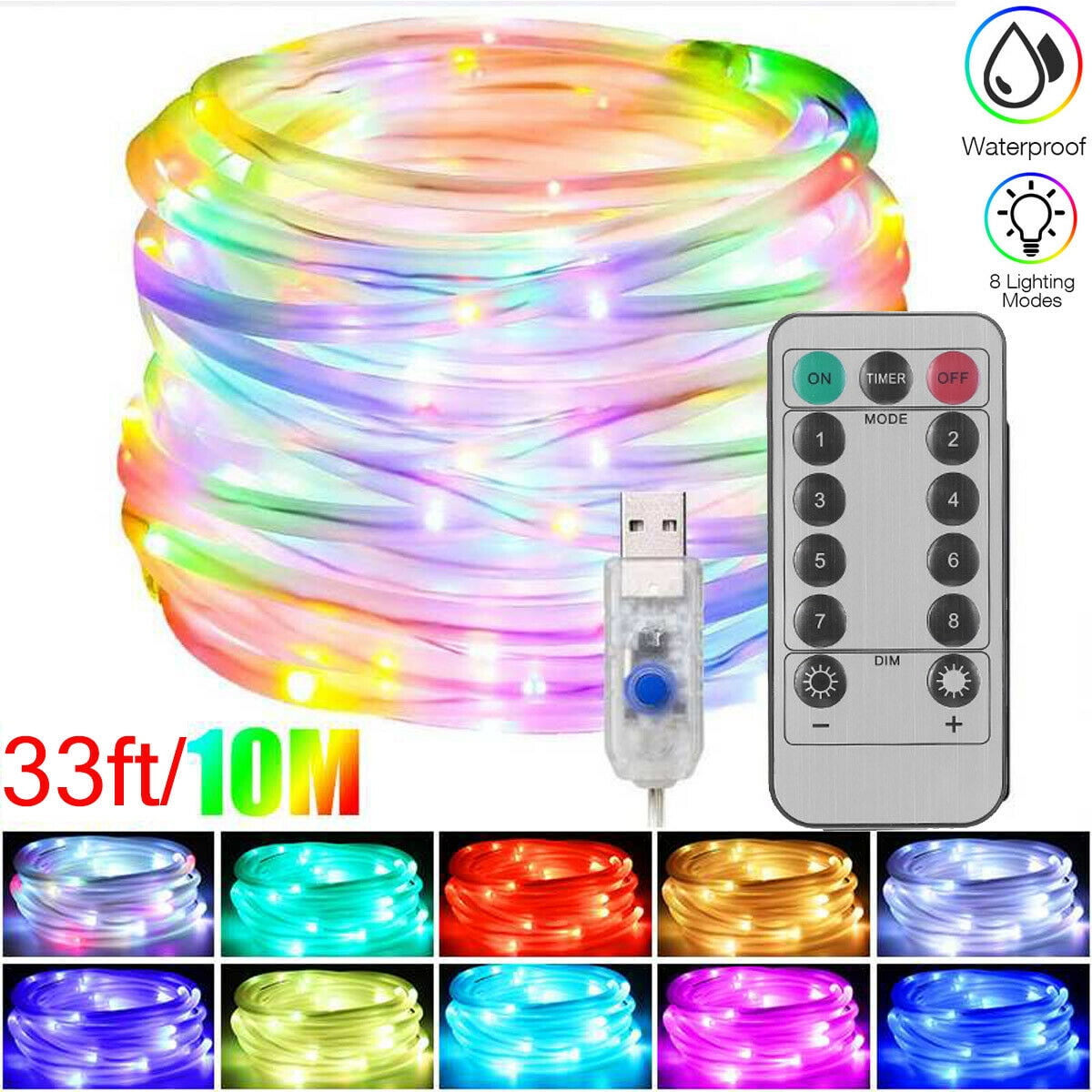 100 LED Strip Rope Light 33ft Tube String Outdoor Garden Party ...