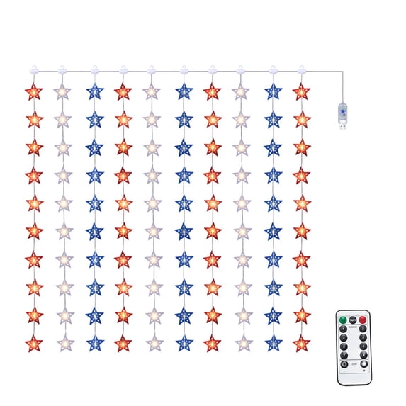 100 LEDs 4th of July Star Curtain Lights Patriotic Red White Blue Light ...