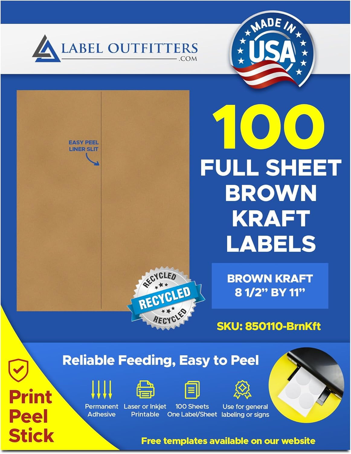 100 Label Outfitters® 8.5" x 11" Full Sheet Recycled Brown Kraft Labels ...