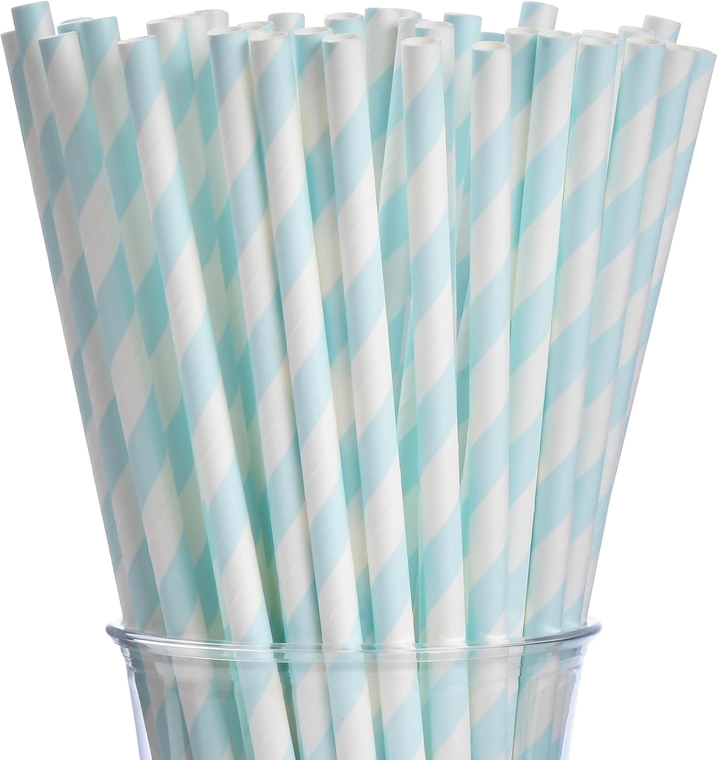 100 Light Baby Blue and White Striped Paper Straws, Biodegradable ...