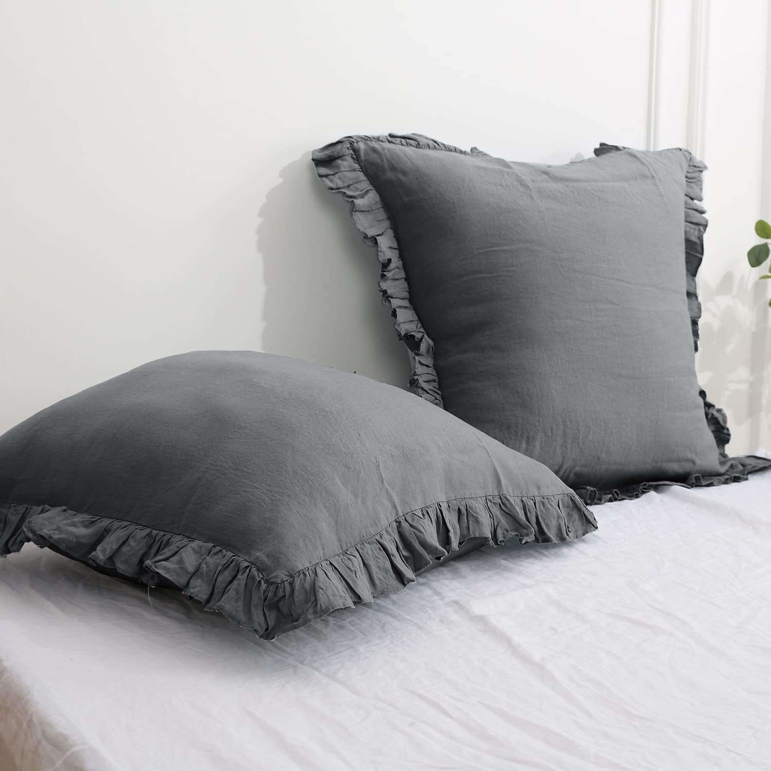 100% Linen Euro Sham Covers with Ruffle, 26x26 Inch Pillow Covers Set ...