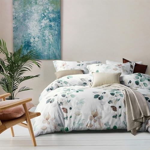 100% Long-Staple Cotton Duvet Cover Set Teal Blue Green Leaf Pattern ...
