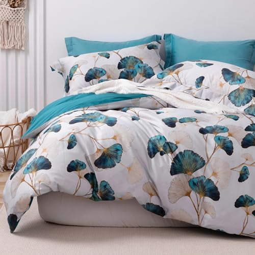 100% Long-Staple Cotton Duvet Cover Set Teal Green Gingko Leaf Pattern ...