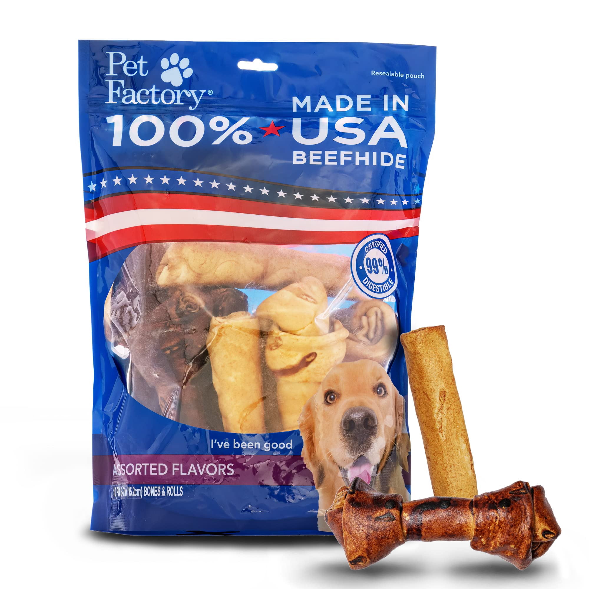 100% Made In Usa Beefhide 6-7" Assorted (Bones & Rolls) Dog Chew Treats ...