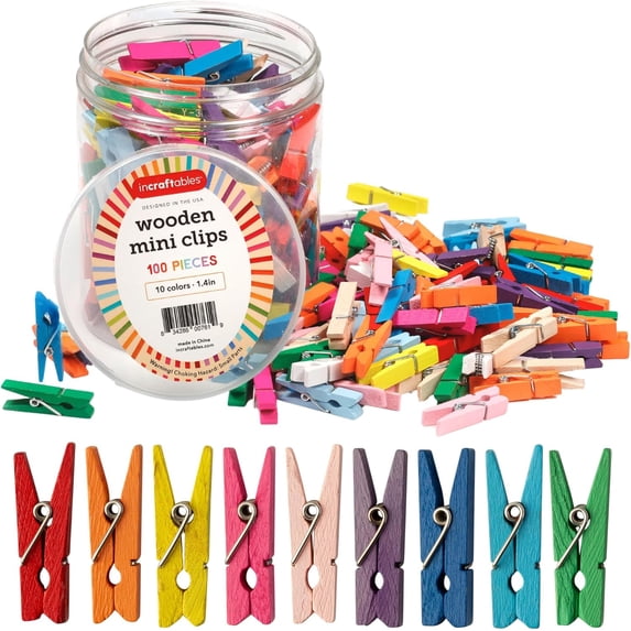 100 Mini Wooden Clothespins – 1" Colored Craft Clips for Photos, Card ...