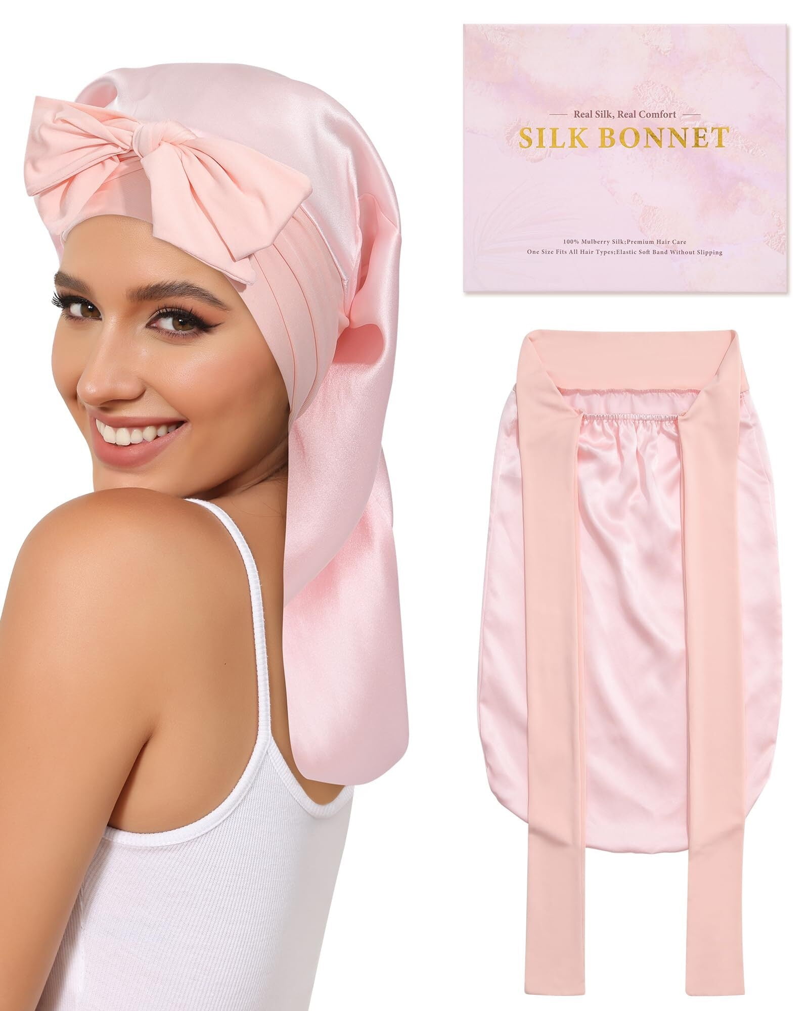 100% Mulberry Silk Bonnet - Long Hair Cap for Sleeping Tie Band Bonnet ...