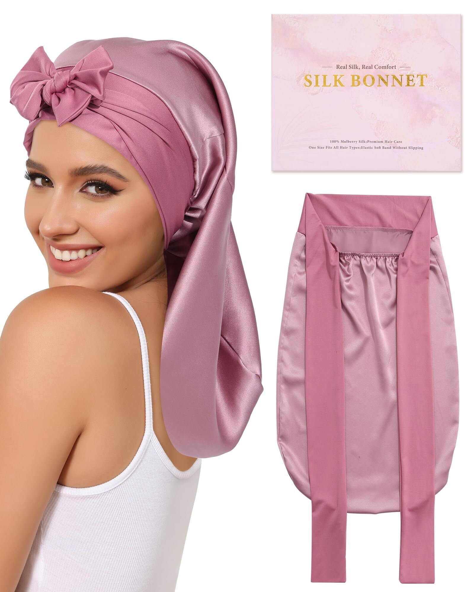 100% Mulberry Silk Bonnet - Long Hair Cap for Sleeping Tie Band Bonnet ...