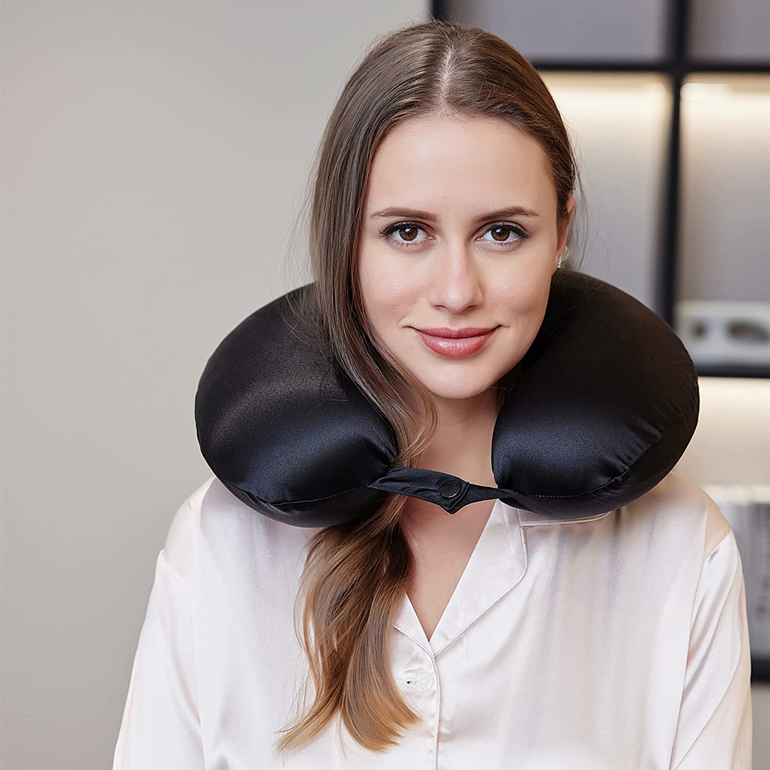100% Mulberry Silk Travel Neck Pillow for Sleeping 22 Momme Silk ...