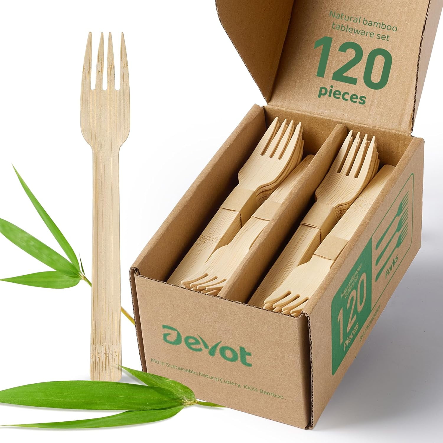 100% Natural Bamboo Disposable Cutlery Set - 120 Forks 6.7", Eco ...