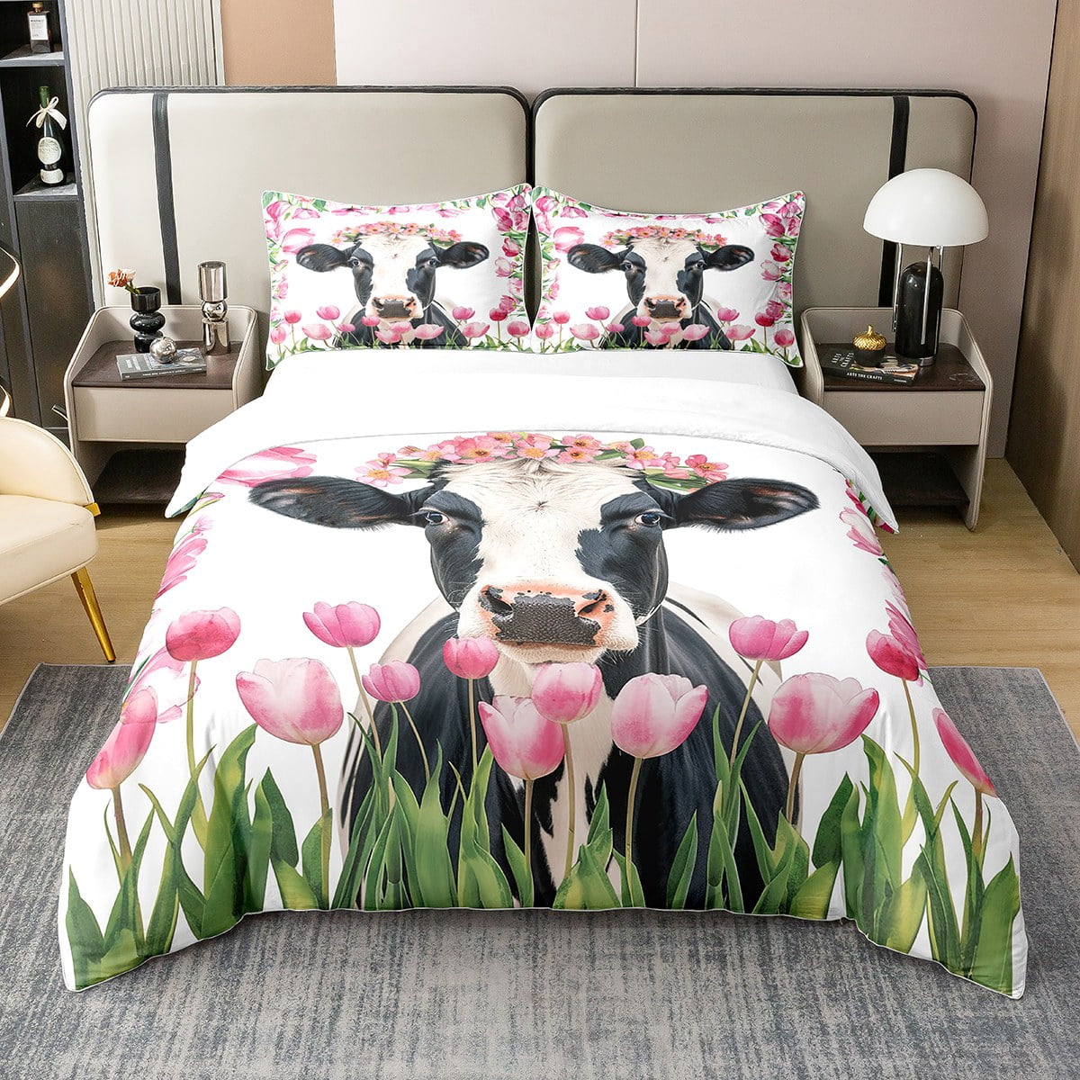 100% Natural Cotton 3D Cow Comforter Cover Queen Pink Cheerry Blossom ...