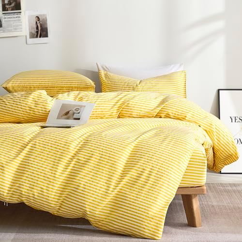 100% Natural Cotton 3pcs Striped Duvet Cover Sets,Yellow with White ...