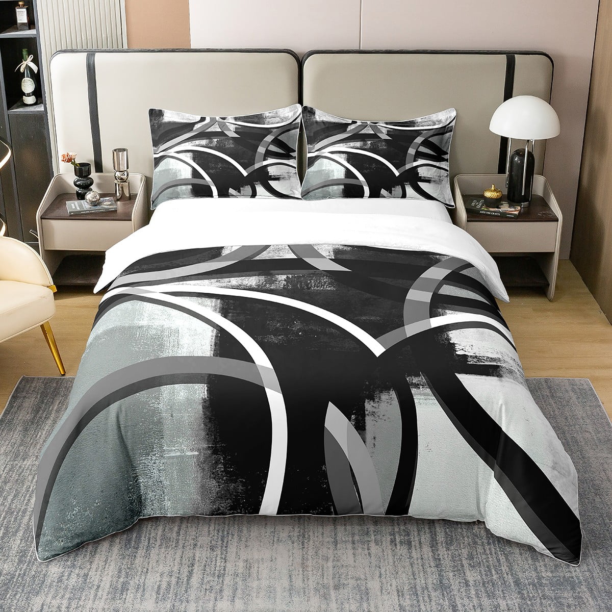 100% Natural Cotton Black Gray Geometry Duvet Cover King Watercolor Oil ...