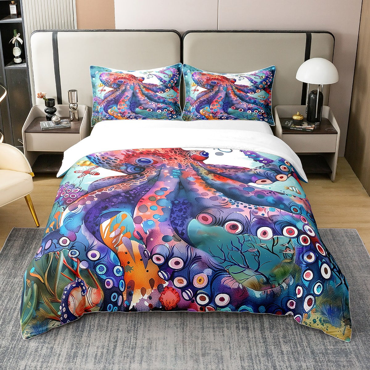 100% Natural Cotton Colorful Octopus Duvet Cover For Adult Teens Purple ...