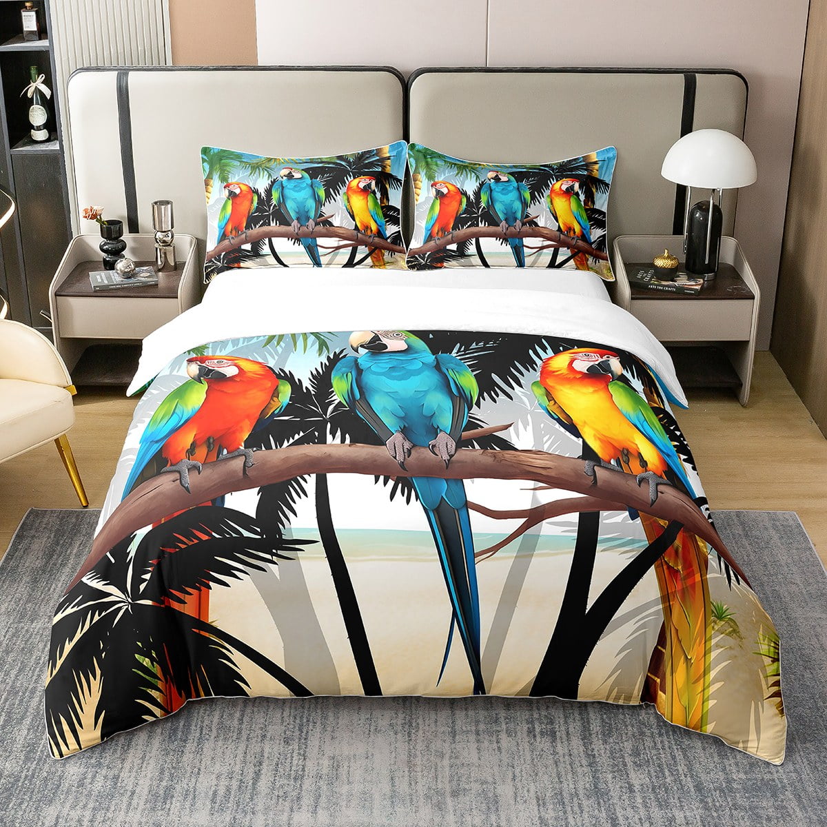 100% Natural Cotton Cute 3D Parrot Queen Bedding Set Green Palm Leaf ...