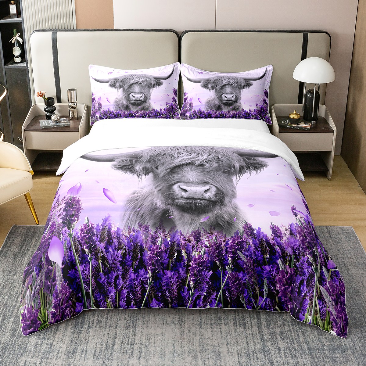 100% Natural Cotton Grey Highland Cattle Bedding Set 3D Funny Cow Bull Duvet Cover Purple Floral ...
