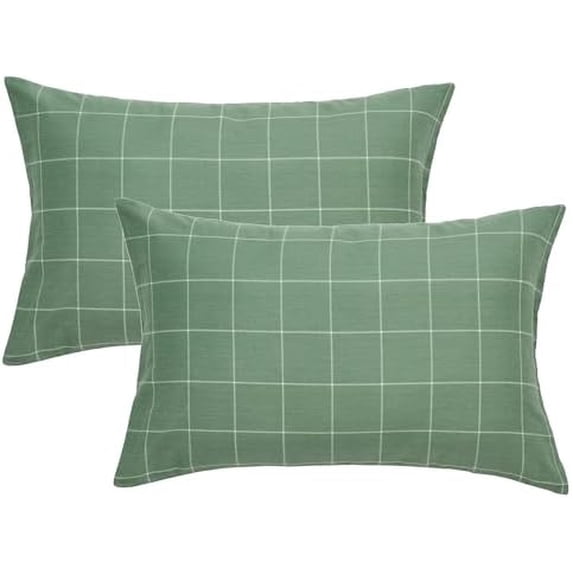 100% Natural Cotton Plaid King Pillowcases Set, 2 Pack White with Green ...