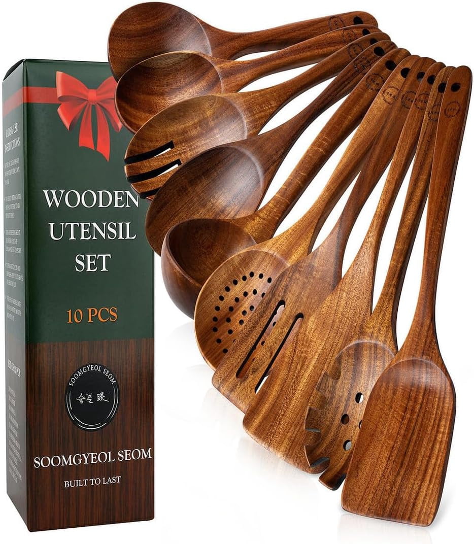 100% Natural Teak Wood Wooden Utensil Set – 10 Pcs Durable Kitchen ...