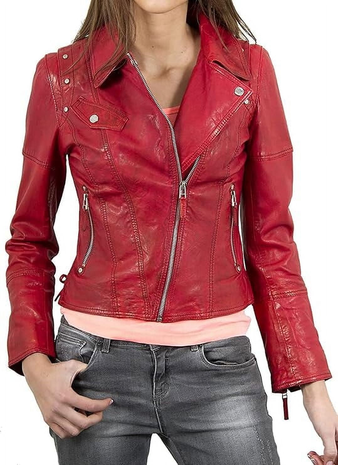 100% New Genuine Red Leather Lambskin Women Biker Motorcycle Jacket ...