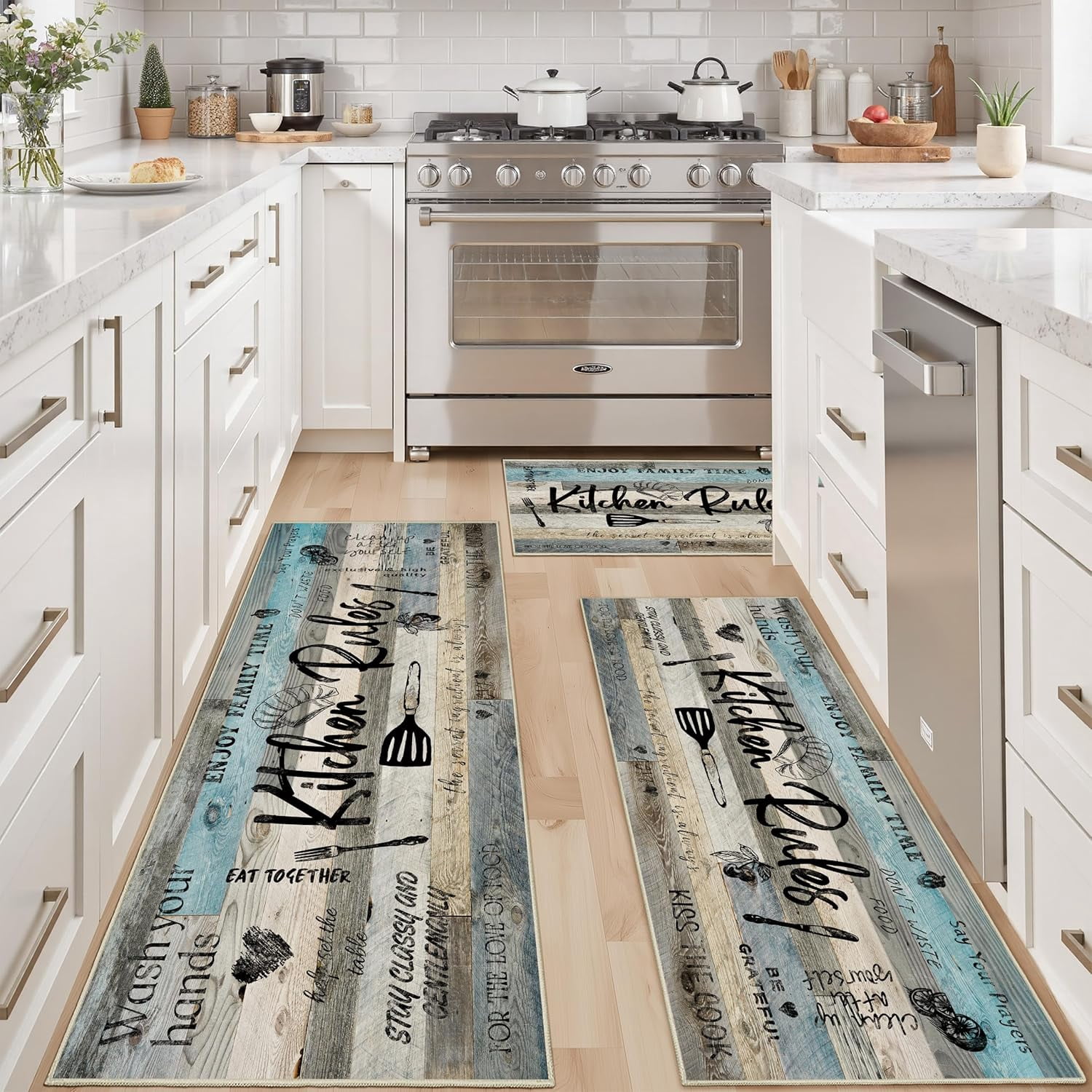 100% Non Slip 3 Piece Kitchen Rugs Set with Runner, Farmhouse Washable ...