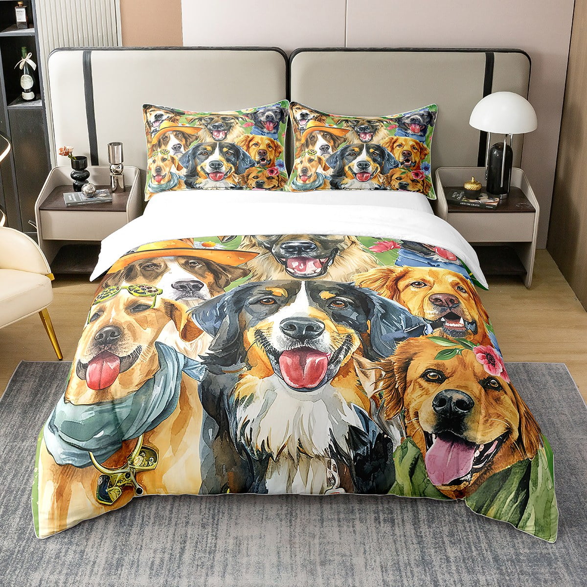 100% Organic Cotton Colourful Cartoon Dog Duvet Cover Full Size Cute ...