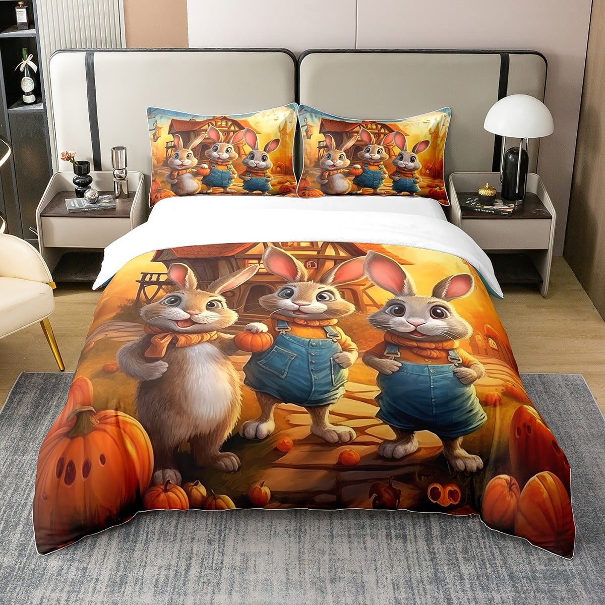 100% Organic Cotton Grey Kawaii Rabbit Comforter Cover Queen Size ...