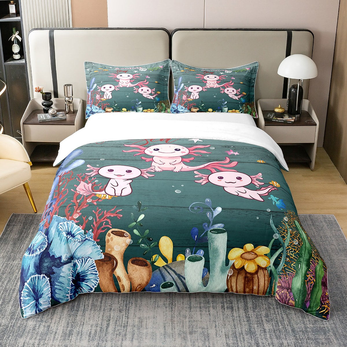 100% Organic Cotton Kids Kawaii Axolotl Queen Comforter Cover,Pink Cute Axolotl Bedding Set For ...