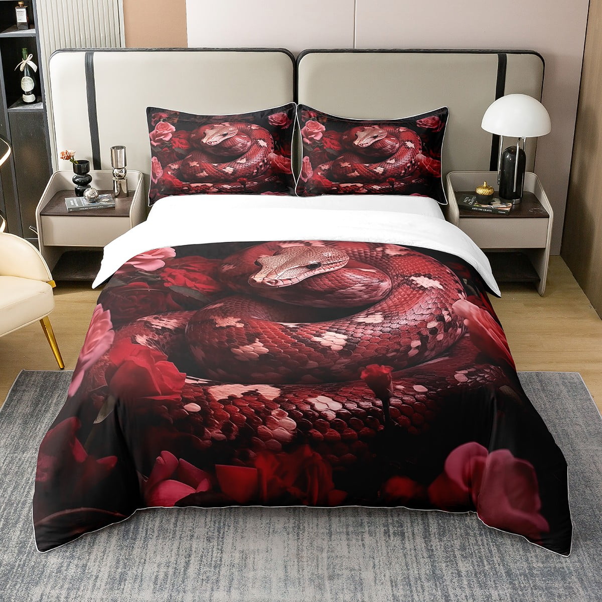 100% Organic Cotton Snake Comforter Cover King Size Red Dragon Scale ...