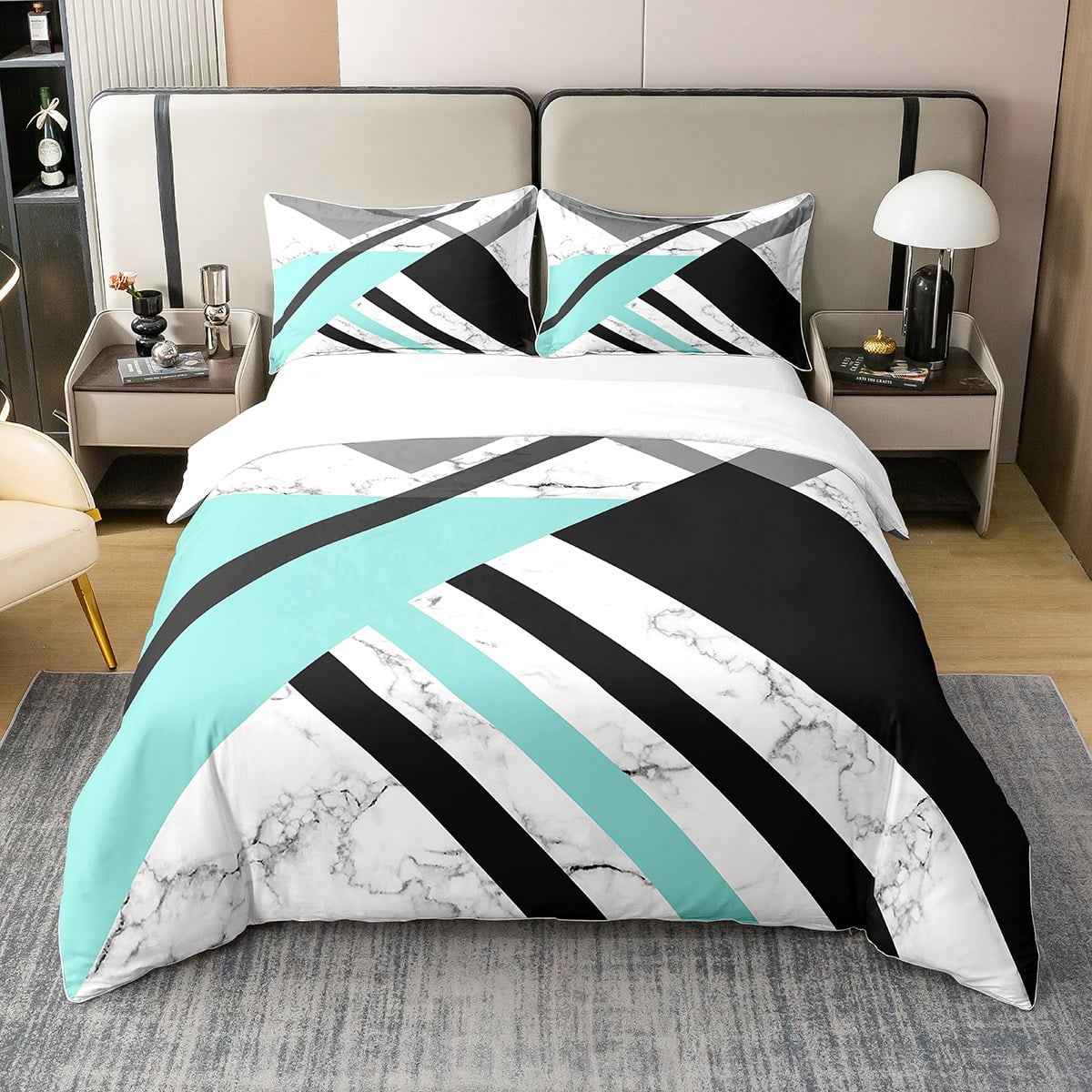 100% Organic Cotton Turquoise Black Grey Bedding Set Geometry Duvet ...