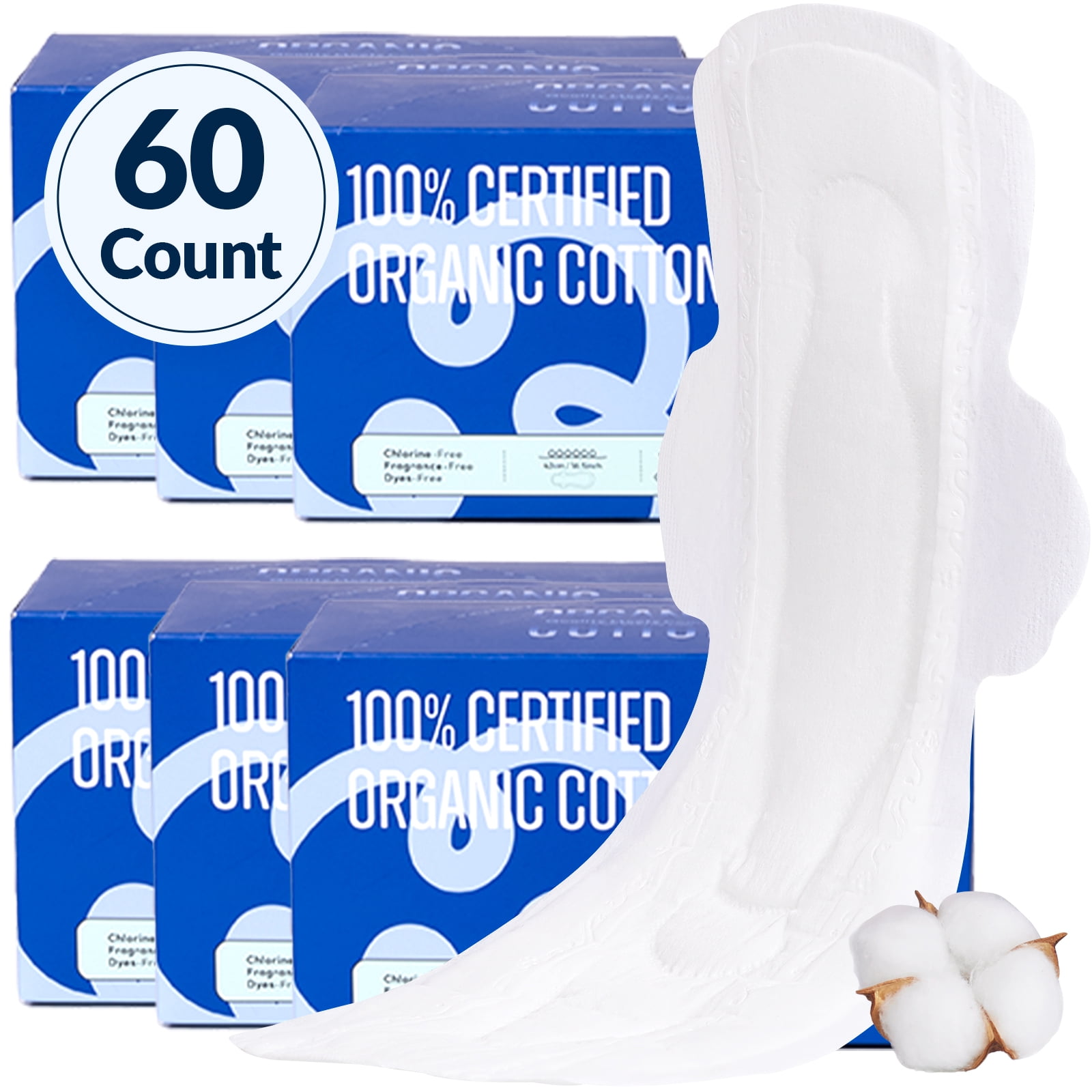 100% Organic Super Long Overnight Pads with Wings, Extra Heavy Sanitary ...