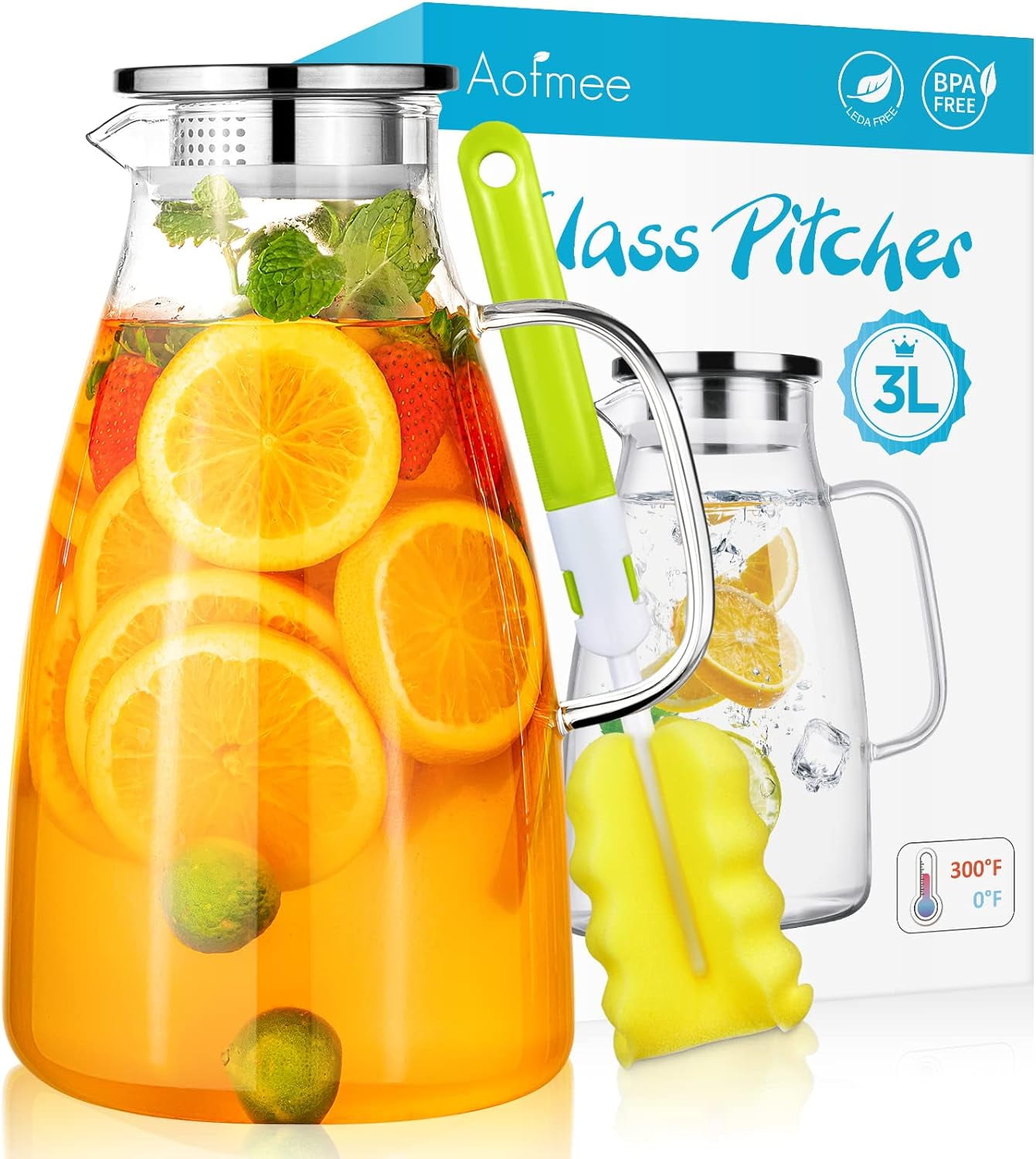 100 Oz Glass Pitcher, 3L Water Pitcher with Lid, Iced Tea Jar with 304 ...