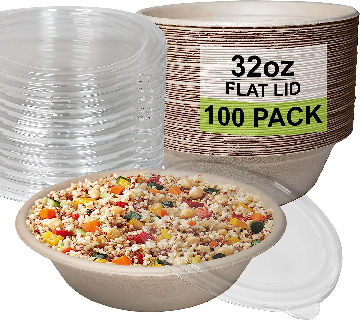 [100 PACK] 32oz Round Disposable Deep Bowls with Lids - Natural ...