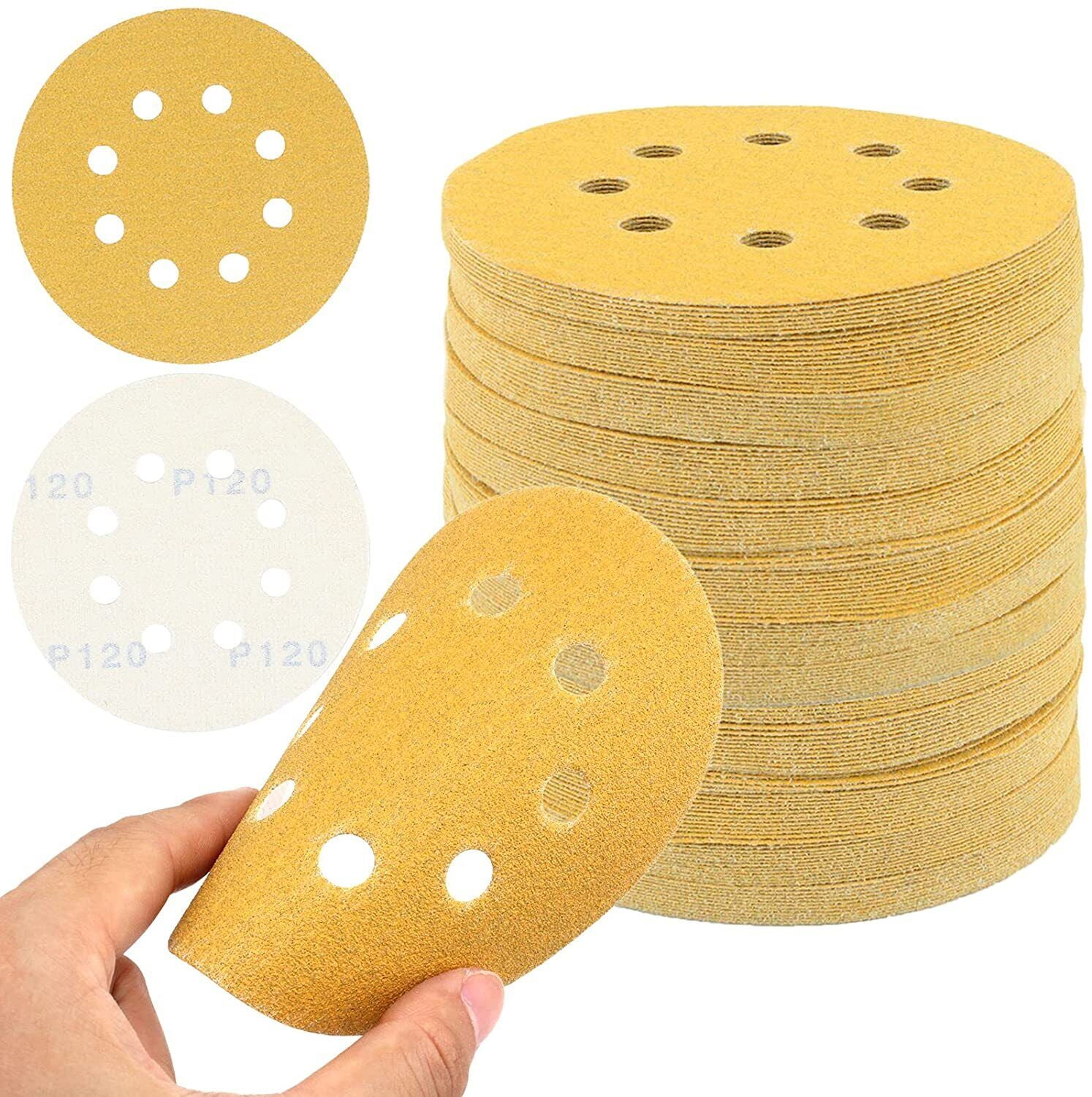 100-PACK 5 inch Sanding Discs 8-Hole Hook Loop for Orbital Sander Paper ...