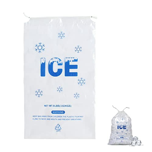 100 PACK 8 lb. Plastic Ice Bags with Cotton Draw String 11 x 19 Inch ...